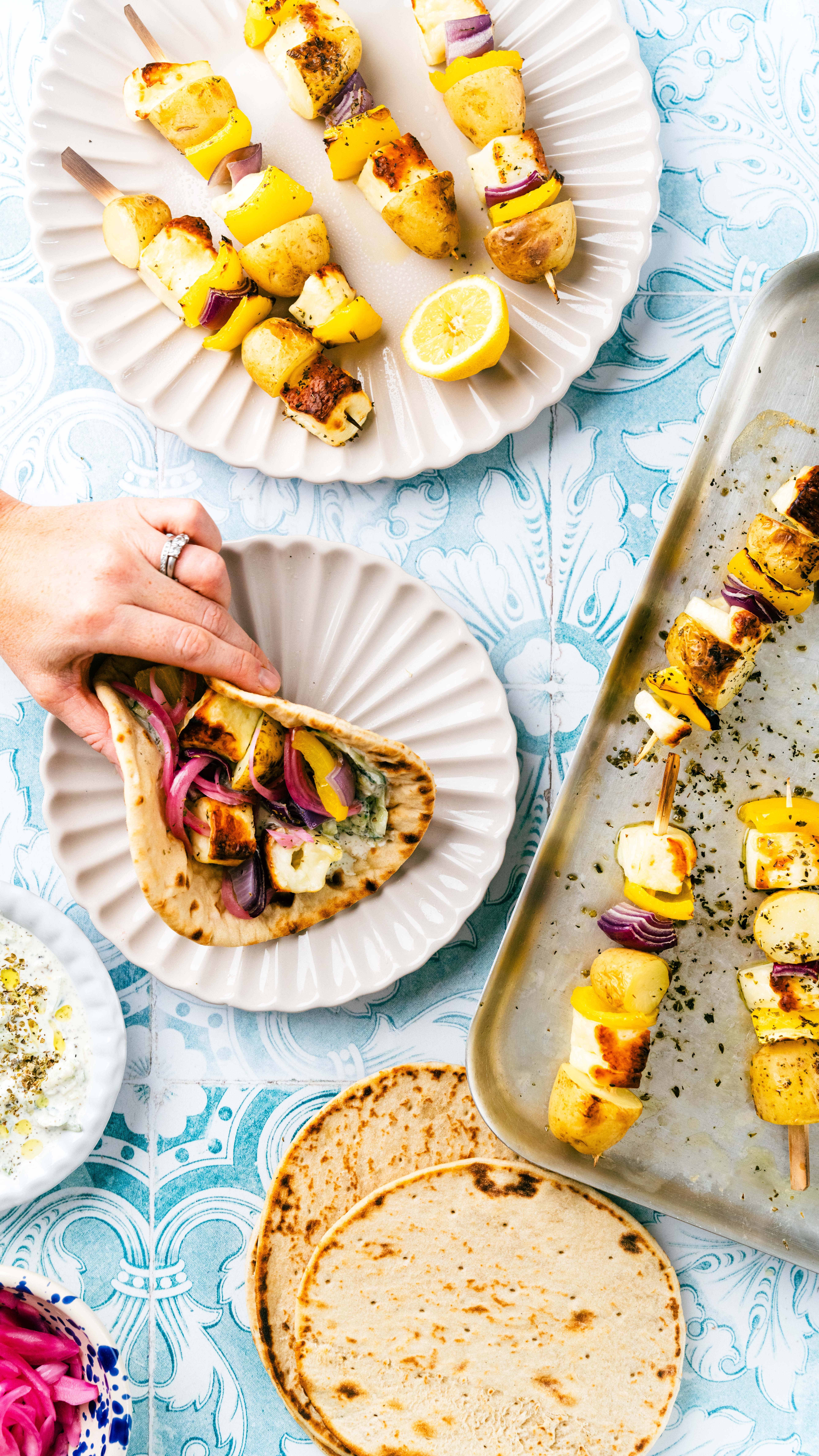 Cherrypick | Halloumi Kebabs with Easy Tzatziki and Quick Pink Pickled Onions
